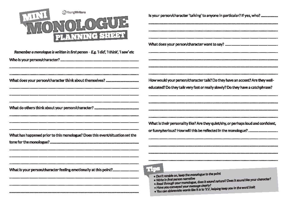 ENG 101: Monologue Planning Sheet and Character Development Guide - Studocu