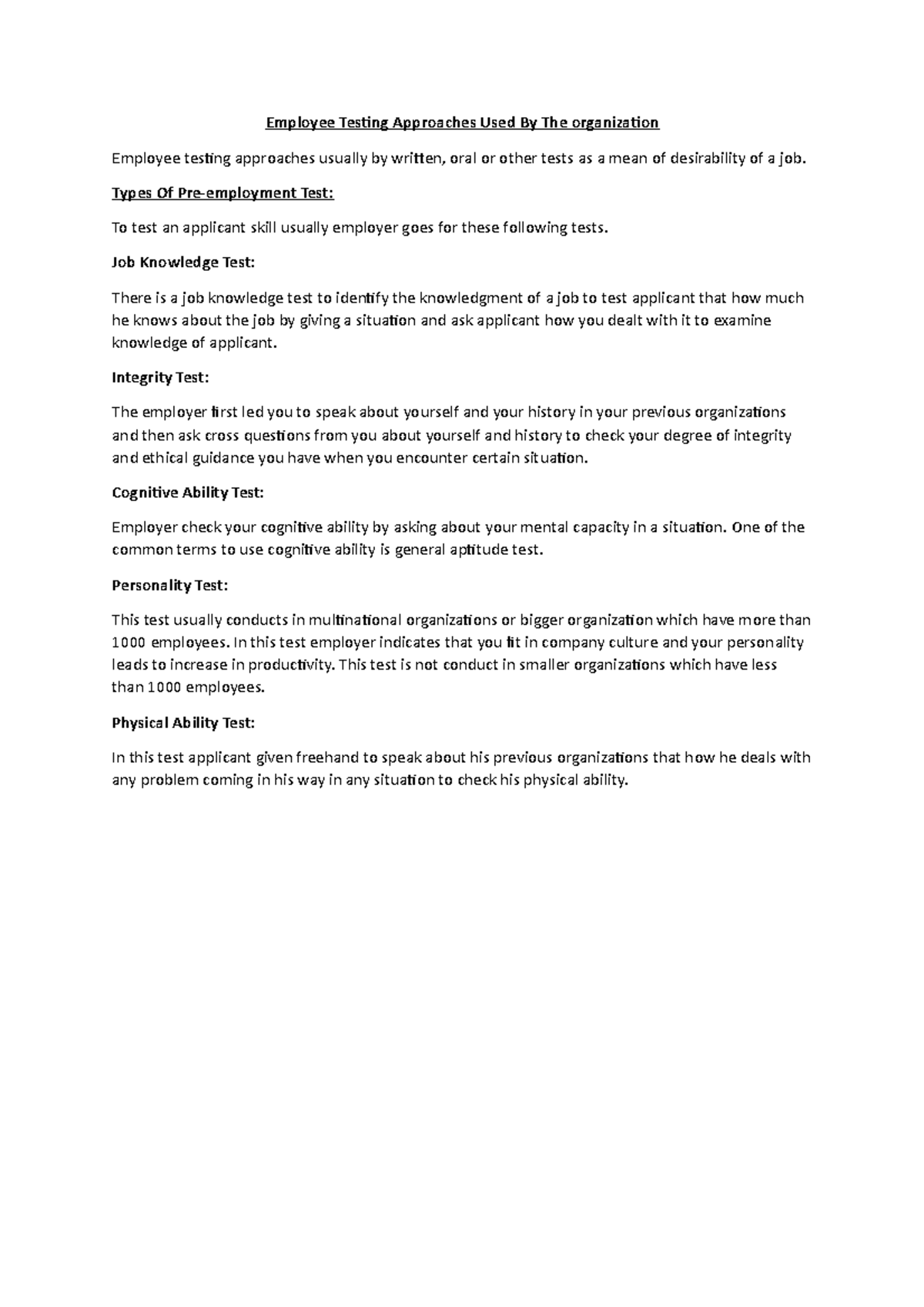 Employee Testing Approaches: Types and Overview for Organizations - Studocu