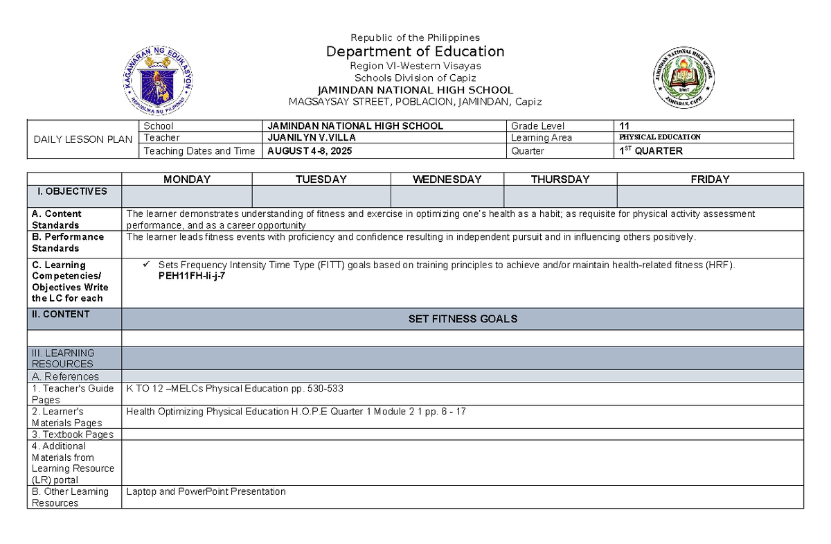 DLL PE Daily Lesson Plan: August 4-8, 2025 - Studocu