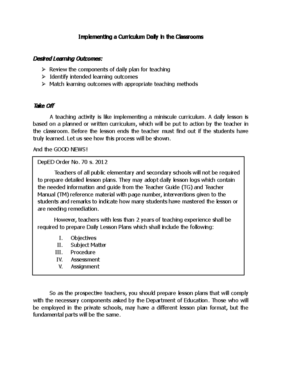 Implementing Daily Curriculum Plans: Strategies and Learning Outcomes - Studocu