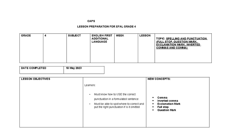 CAPS EFAL GRADE 4 LESSON PLAN: PUNCTUATION MARKS - Studocu
