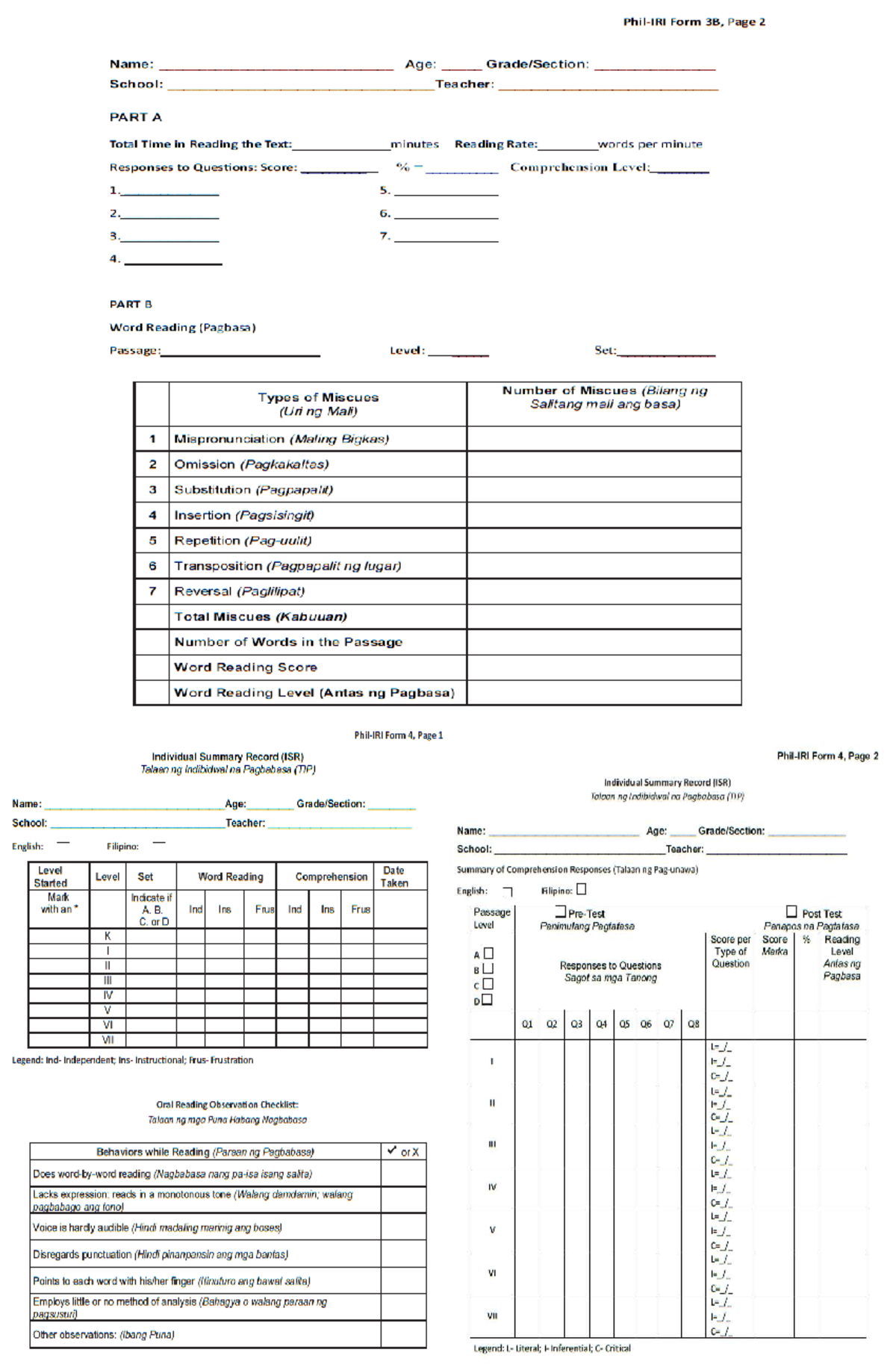 Phil-IRI Form 4: Individual Summary Record & Reading Assessment - Studocu