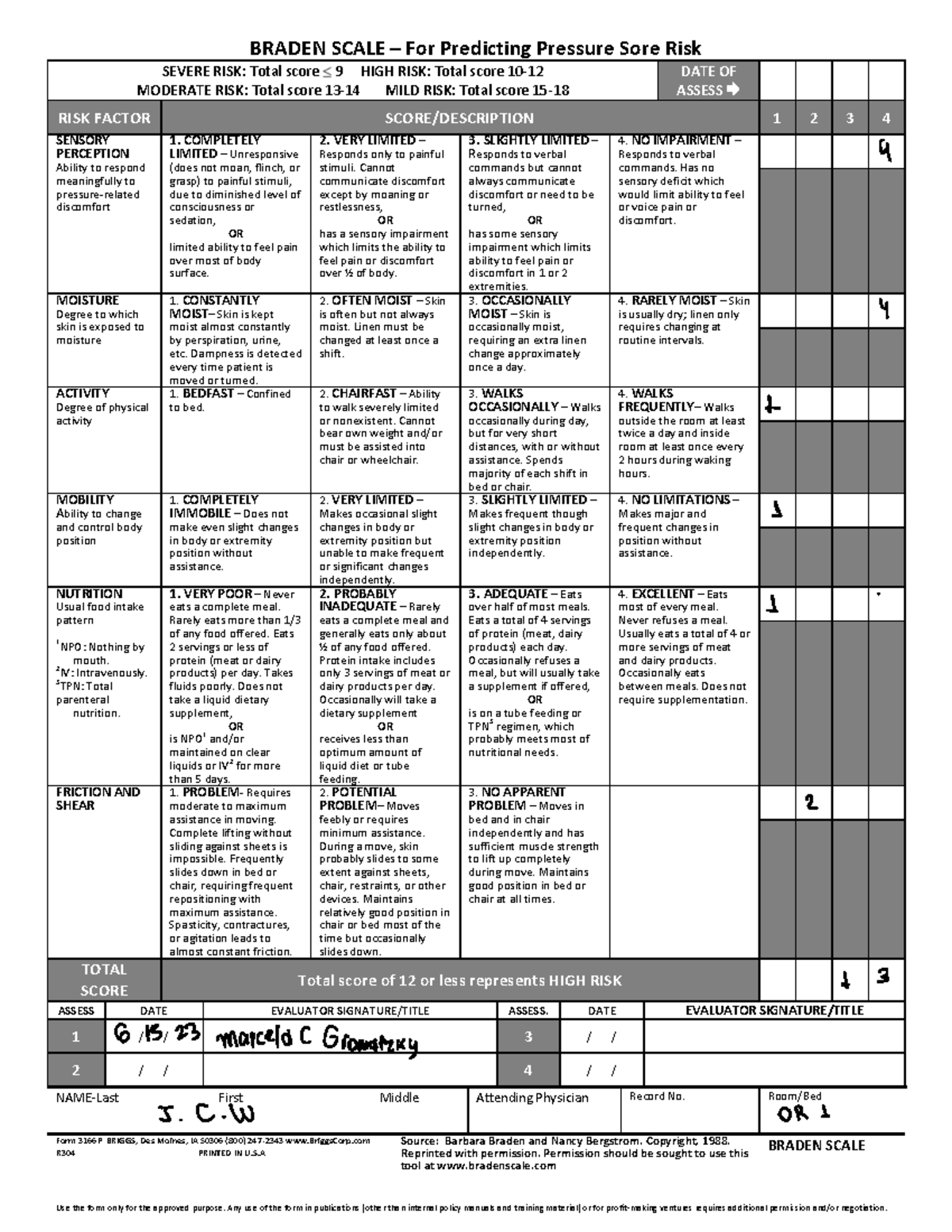 Braden Scale Assessment for Pressure Sore Risk - Nursing Care Plan ...