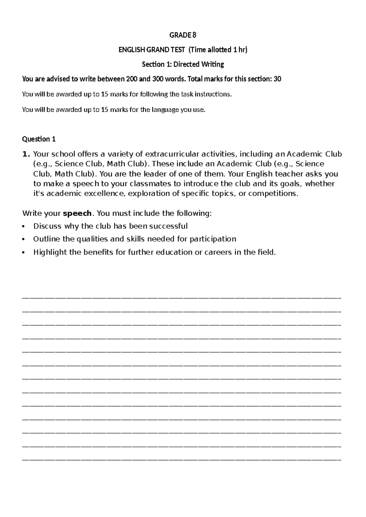 GRADE 8 ENGLISH PRE 'O' WRITING TEST: SPEECH ASSIGNMENT - Studocu