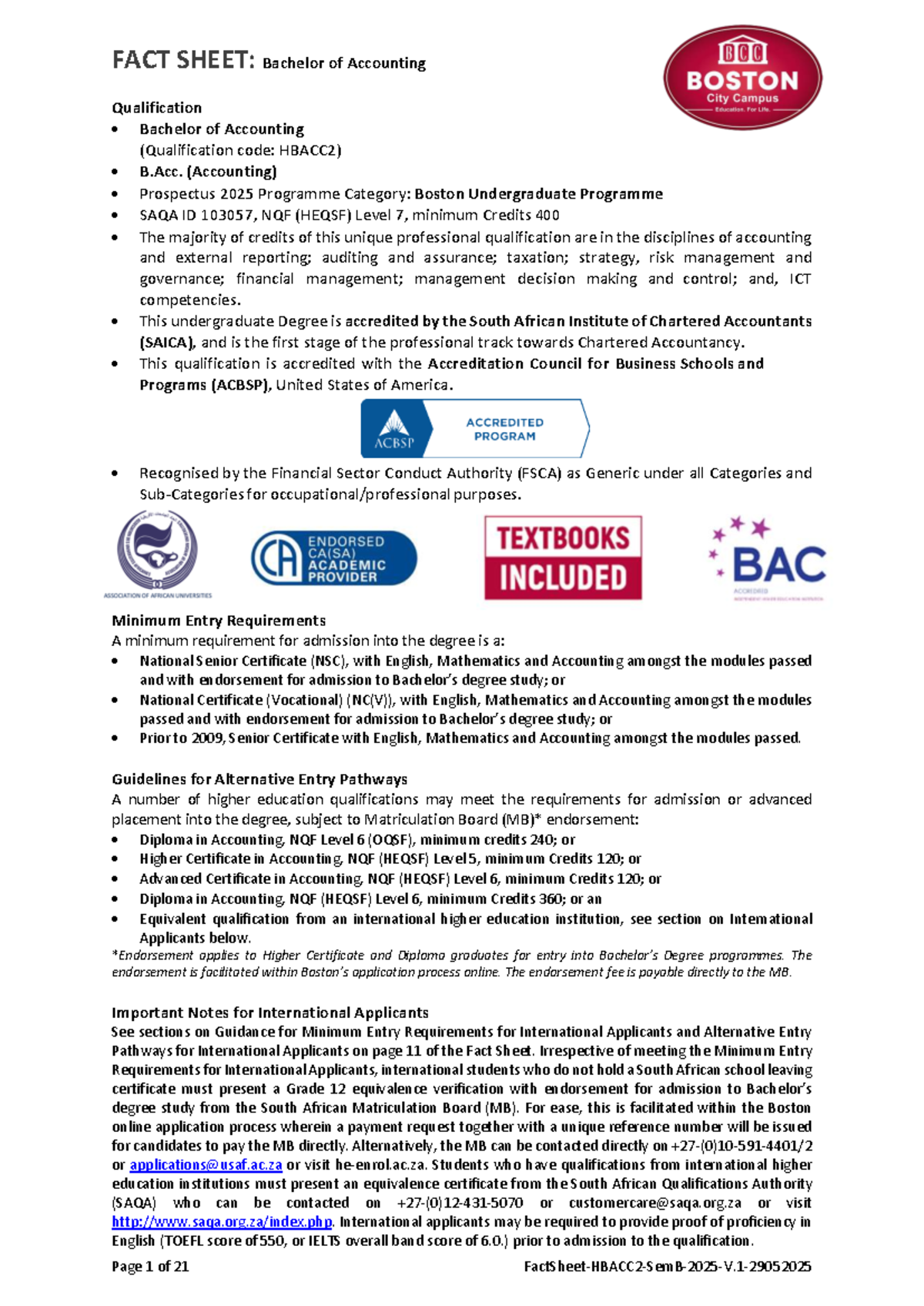 Fact Sheet: Bachelor of Accounting (HBACC2) Overview for 2025 - Studocu