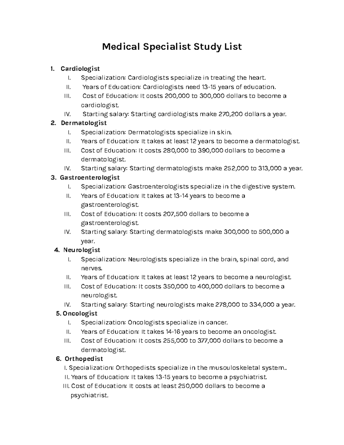 Medical Specialist Study List: Cardiologist & Other Specializations ...