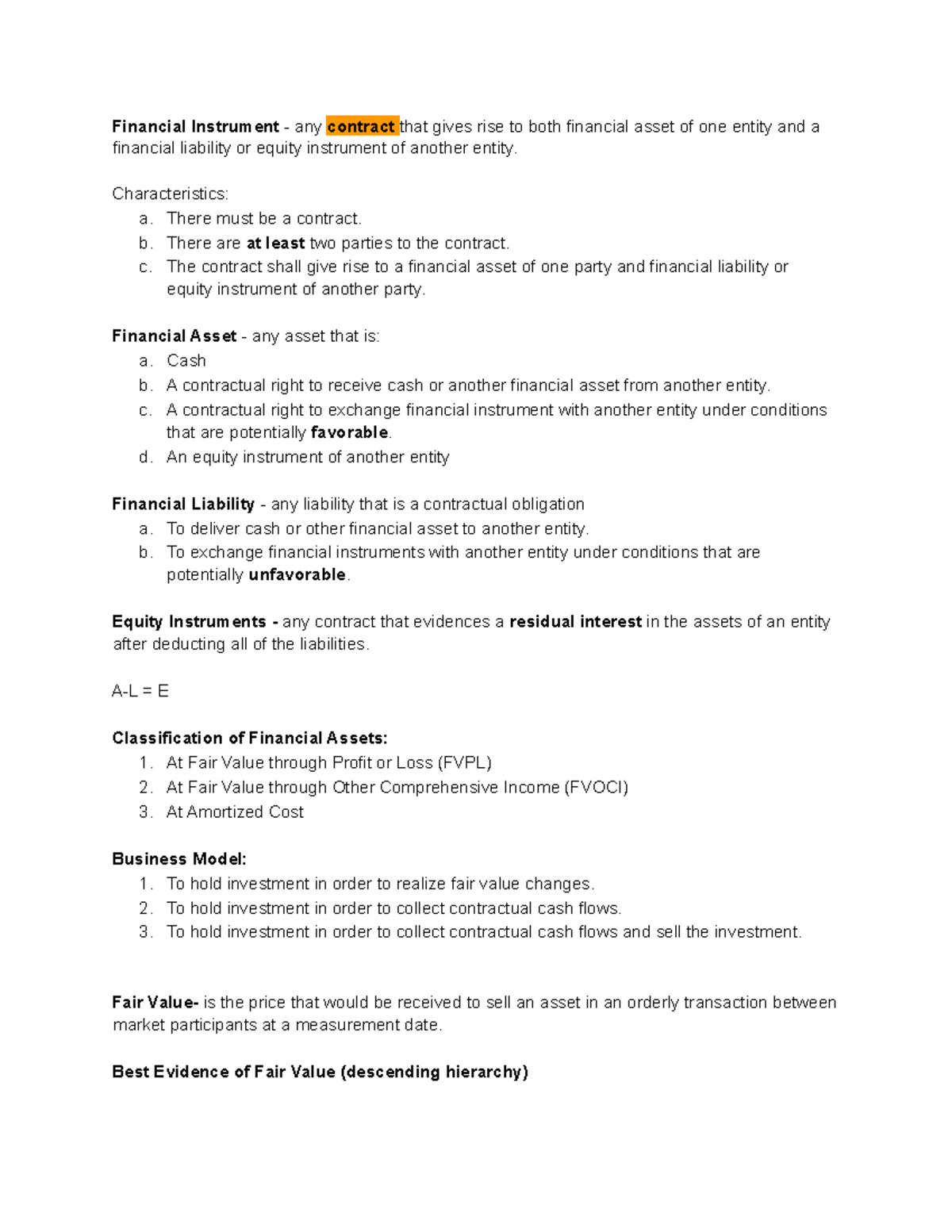 Financial Instruments & FVPL Trading Securities Overview - Studocu