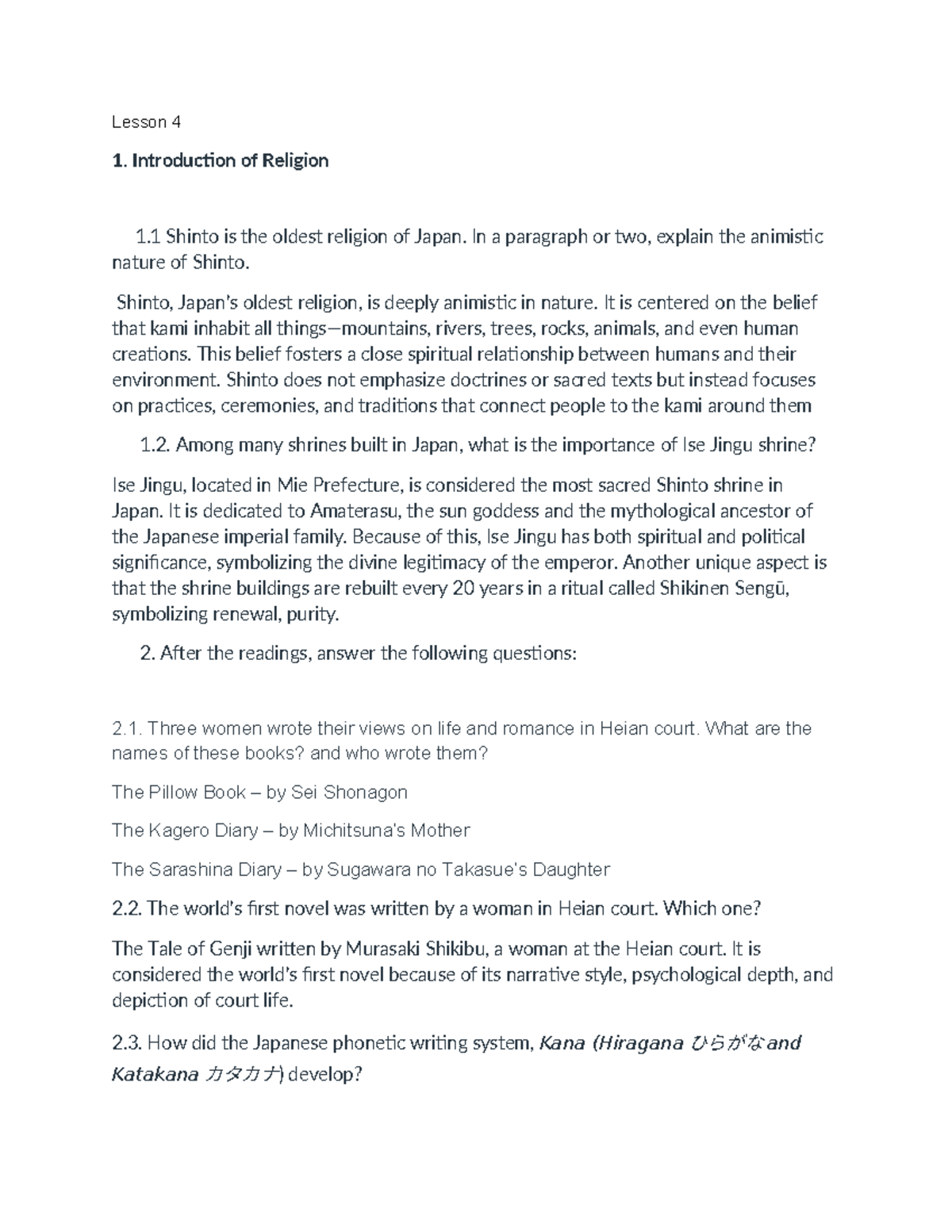 Lesson 4: Introduction to Shinto and Heian Court Literature - Studocu