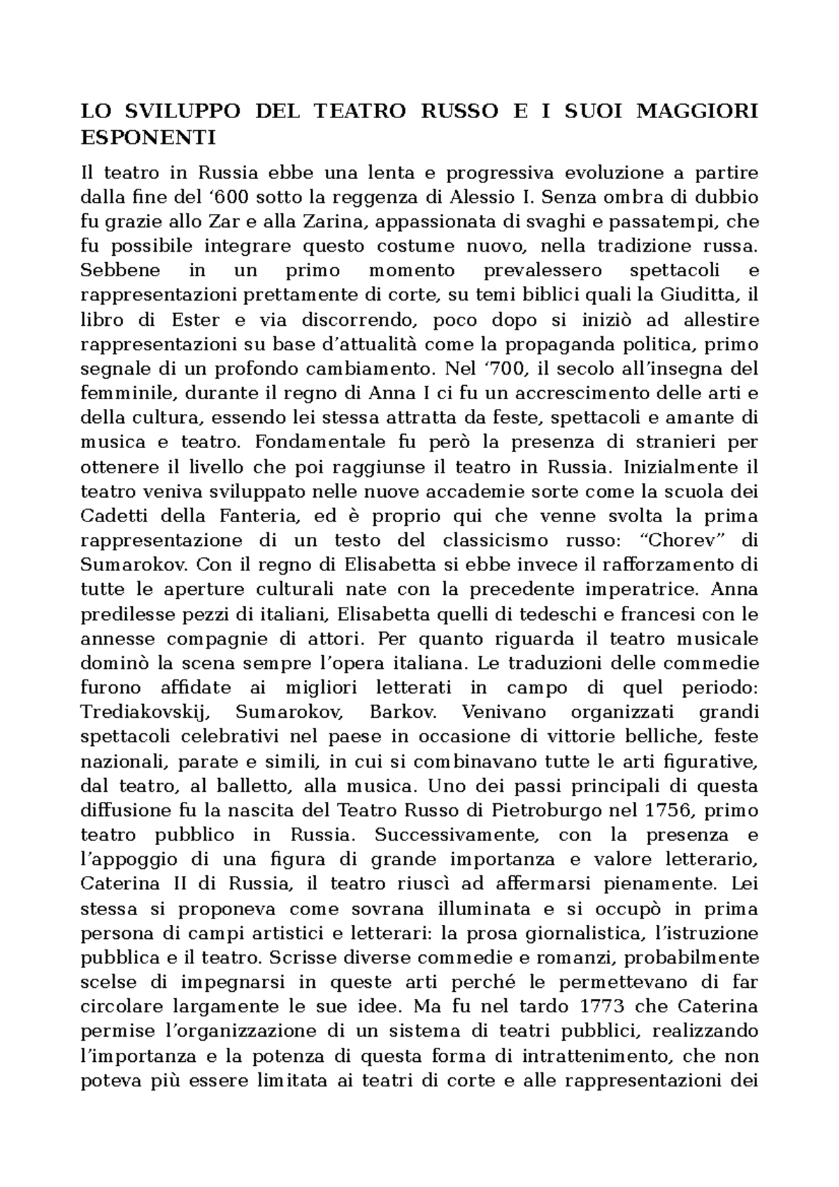 Lo Sviluppo Del Teatro Russo: Principali Esponenti e Tendenze - Studocu