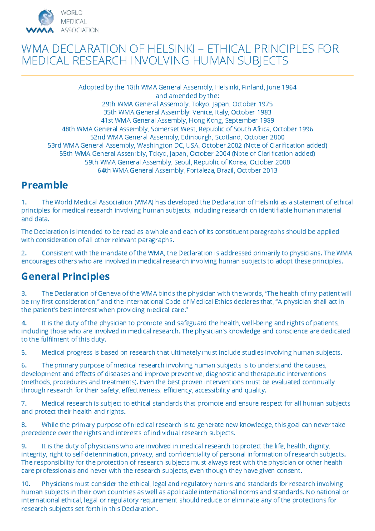 WMA Declaration of Helsinki: Ethical Principles for Medical Research ...