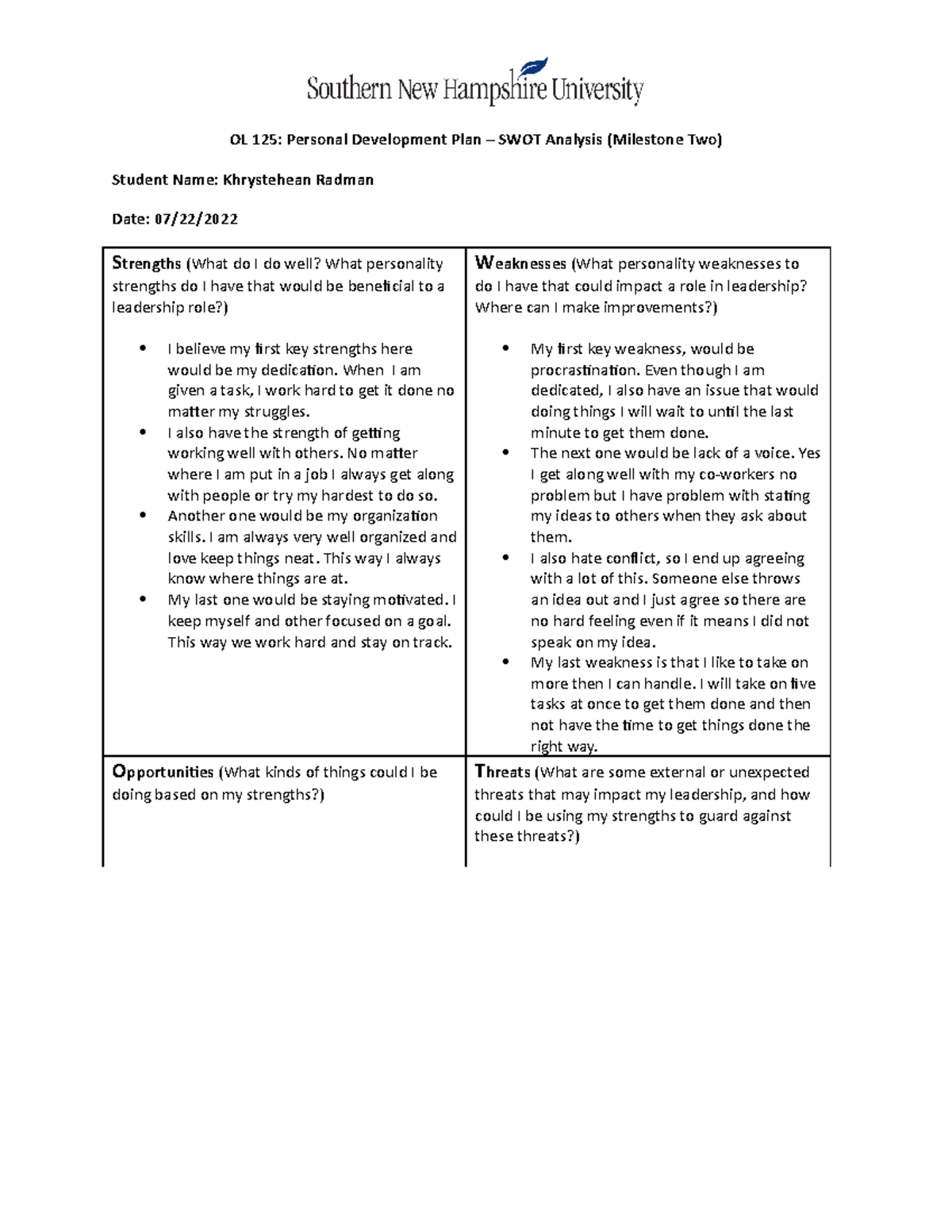 OL 125: Personal Development - SWOT Analysis Reflection and Insights ...