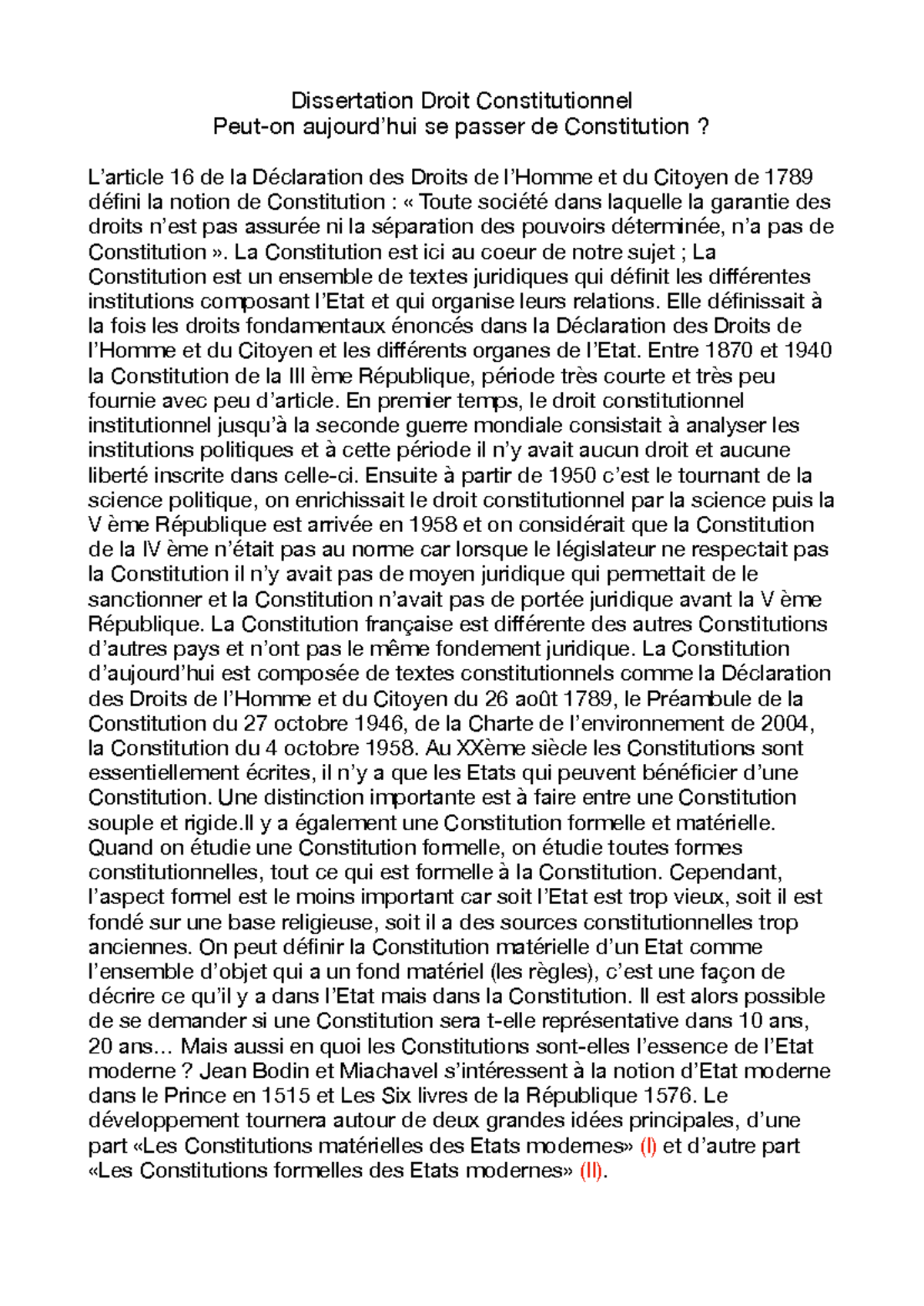 Dissertation Droit Constitutionnel: Importance de la Constitution Actuelle - Studocu