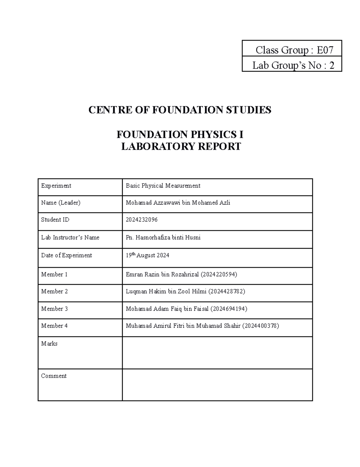 EO7 GP 2 Experiment 1 LAB Report - CENTRE OF FOUNDATION STUDIES ...