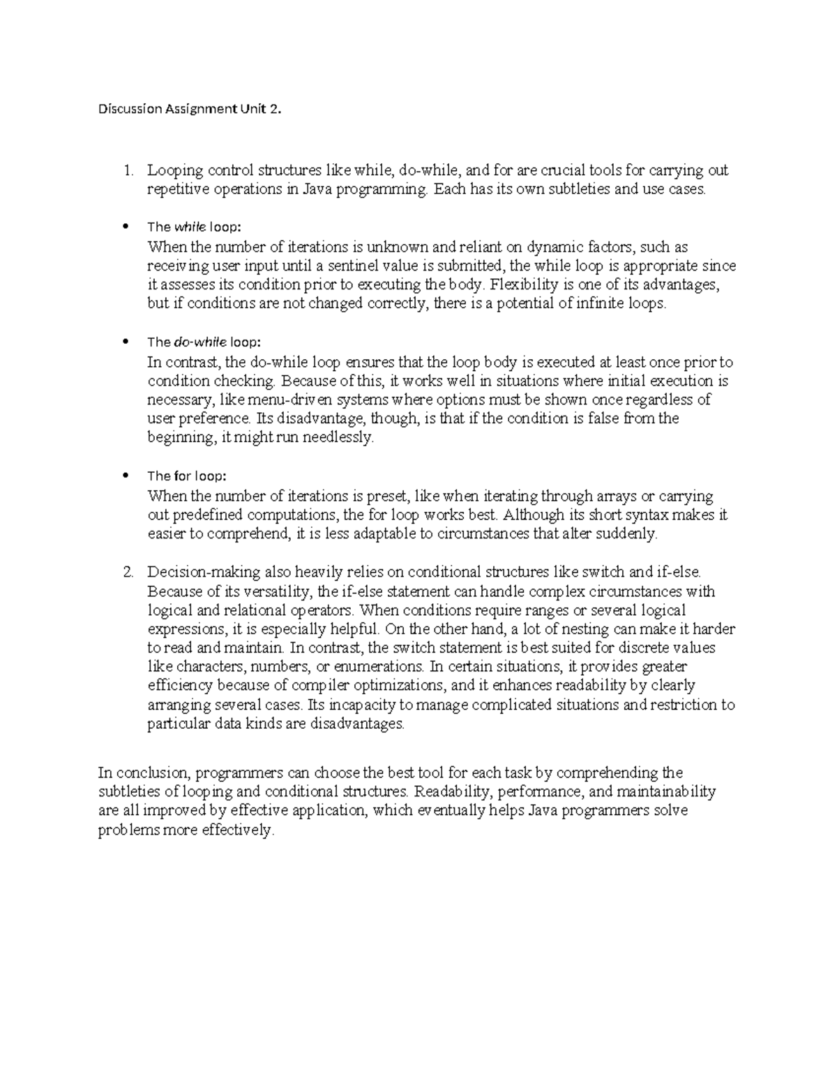 Discussion Assignment Unit 2: Looping & Conditional Structures in Java ...