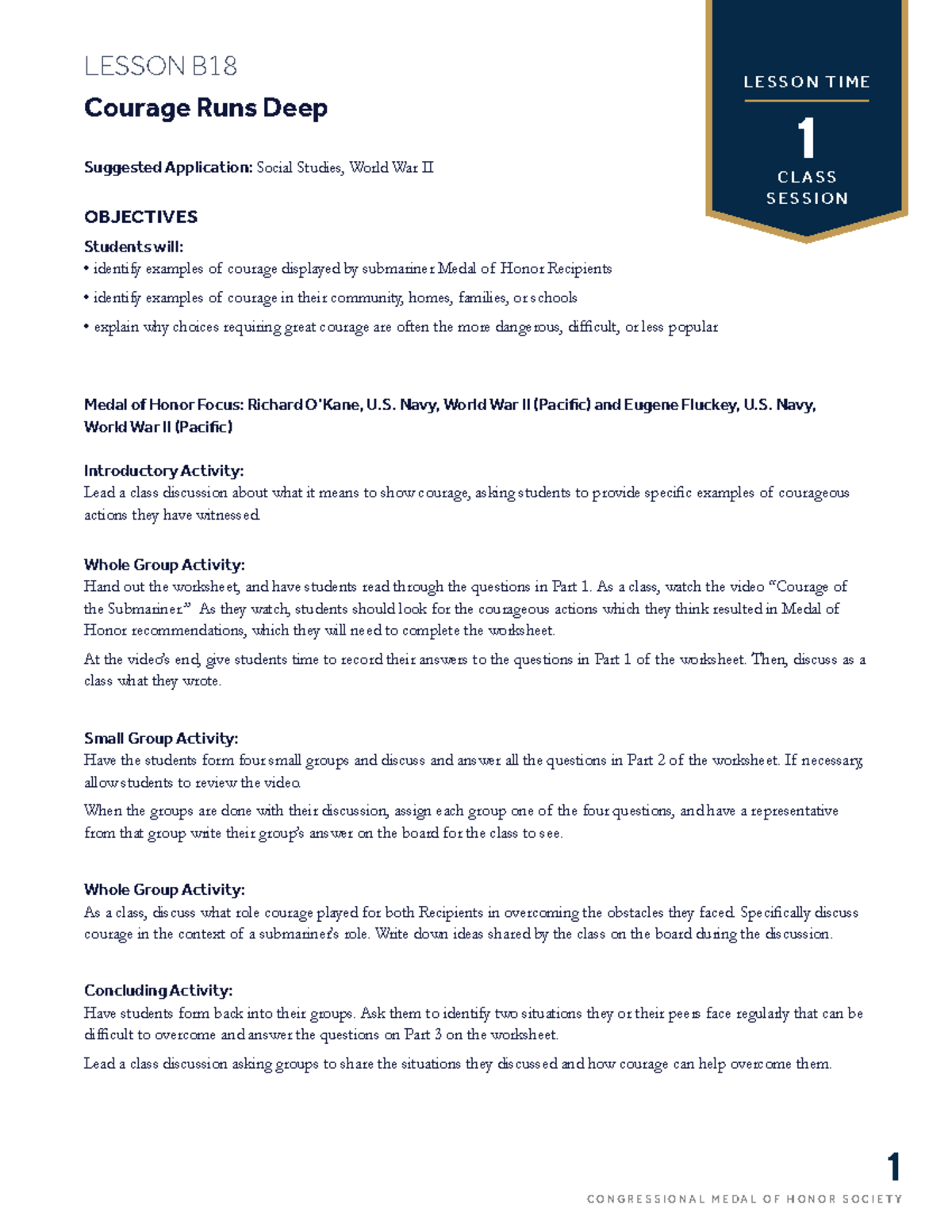 Courage Runs Deep Lesson PDF - 1 L E S S O N T I M E 1 C L A S S S E S ...