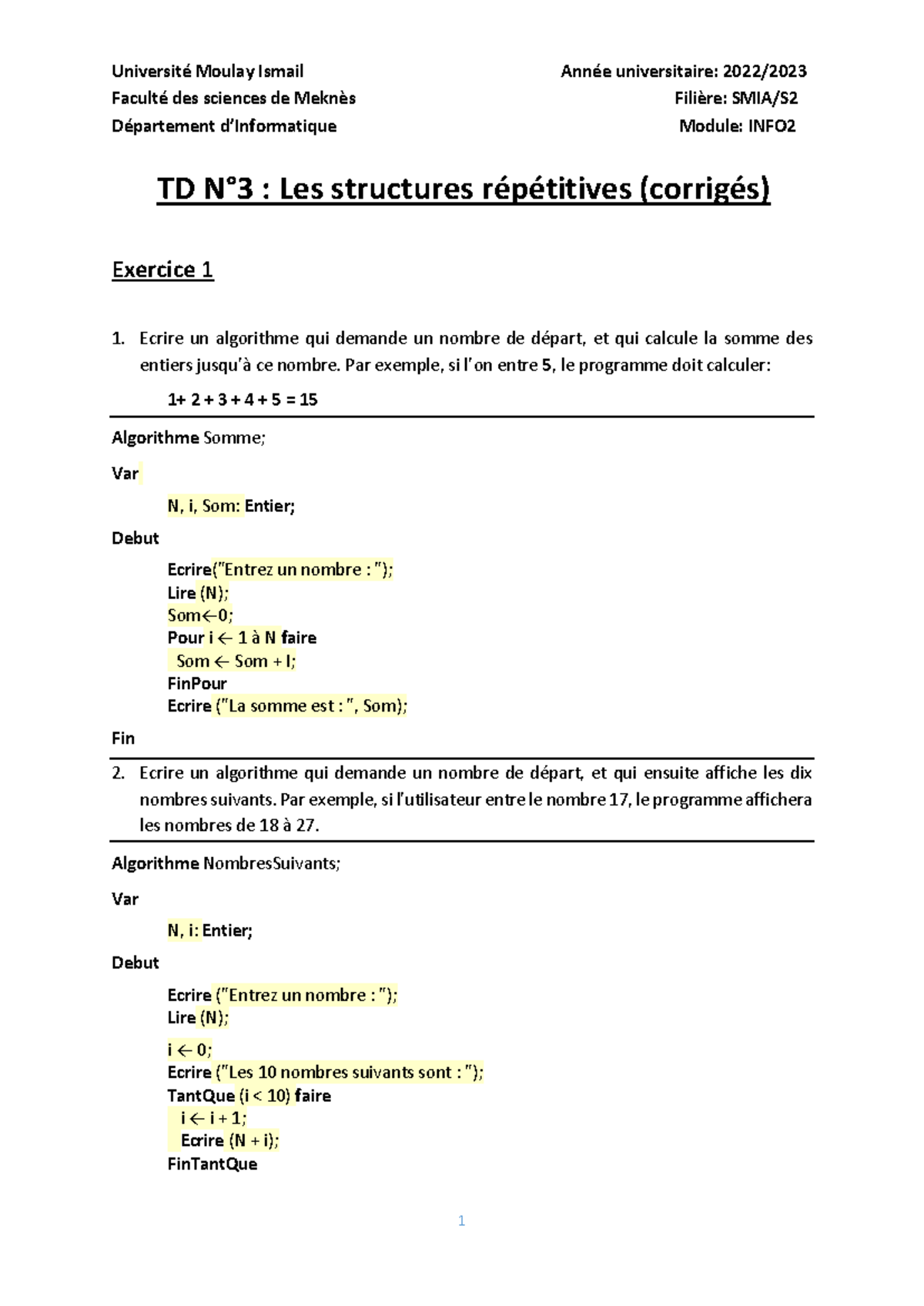 TD INFO2 N3 : Structures Itératives (Corrigé) - Studocu