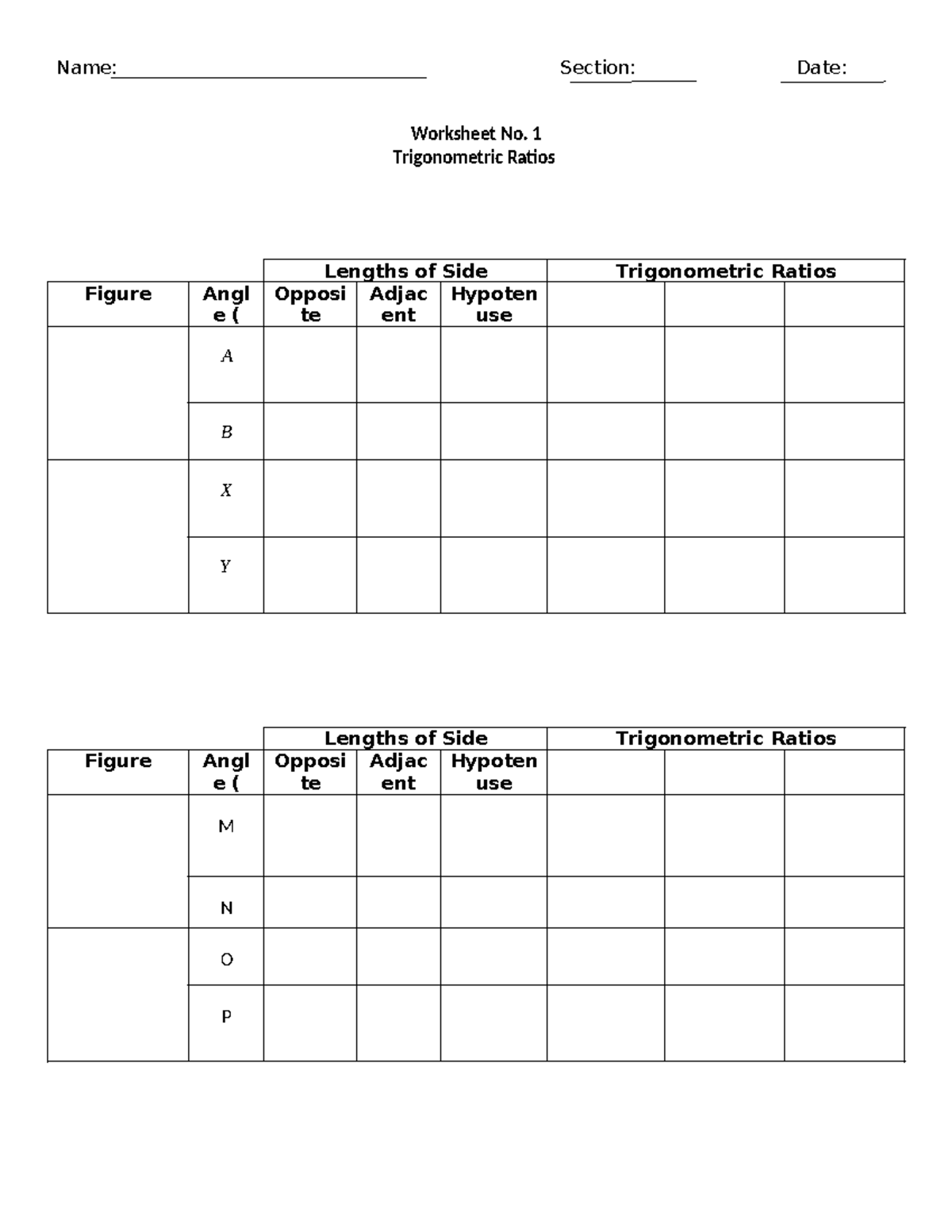 Worksheet No.1 Trigonometric Ratios - Masters in Math - Name: Section ...