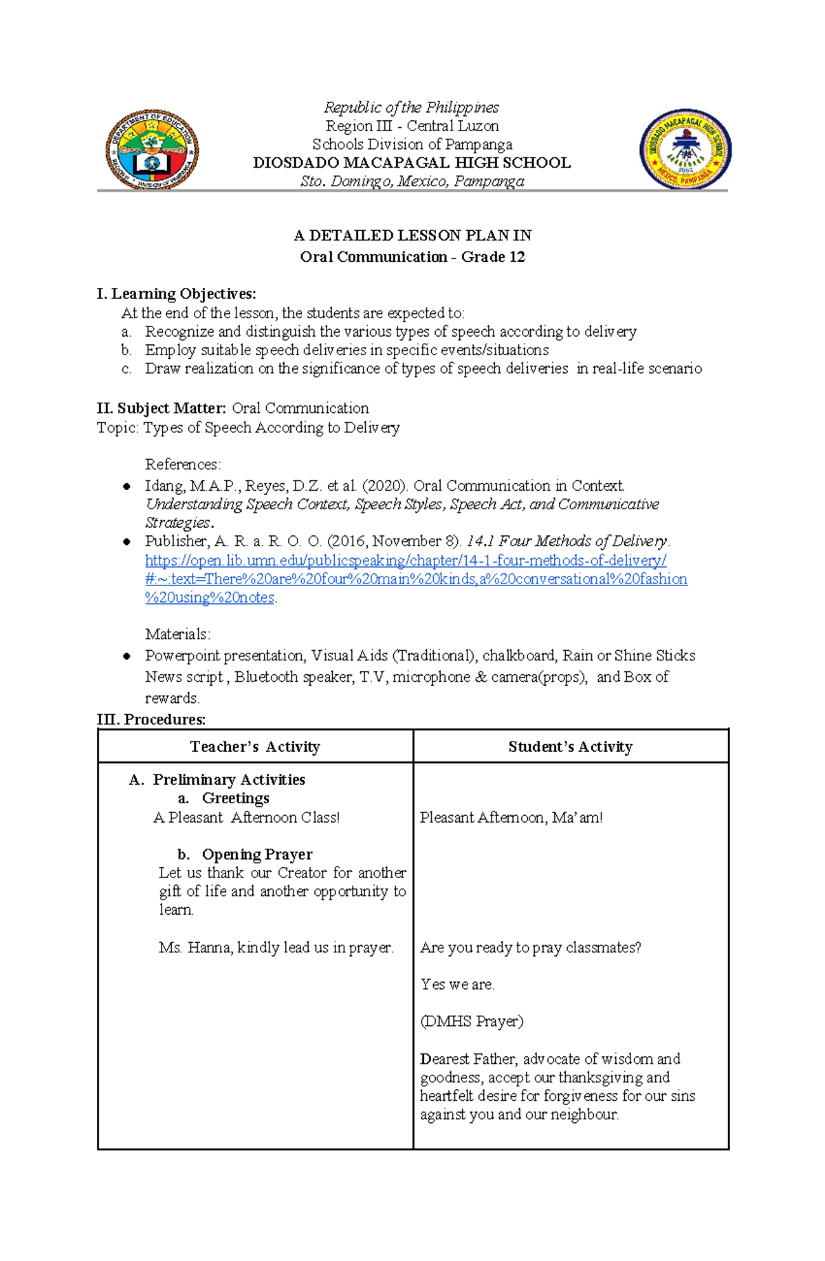 Grade 12 Oral Communication Detailed Lesson Plan on Speech Delivery ...