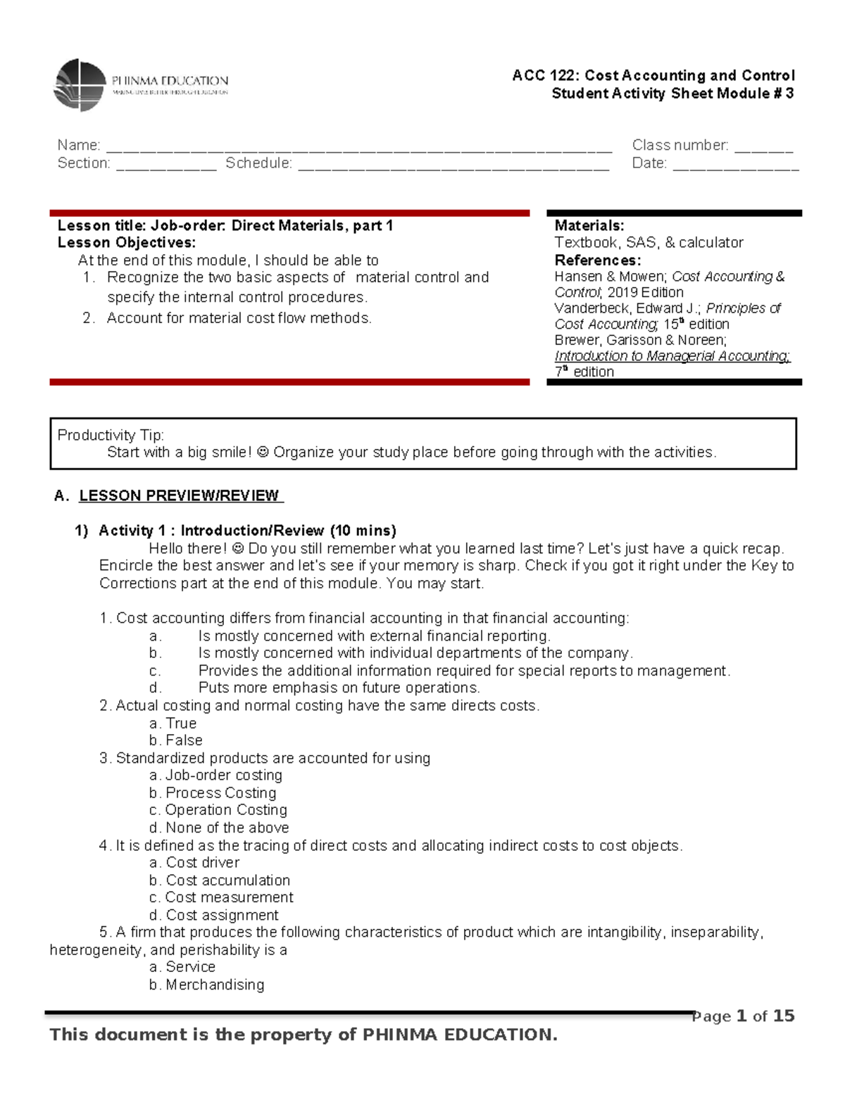 ACC-122 Lesson Module 3: Job-Order Direct Materials Overview - Studocu