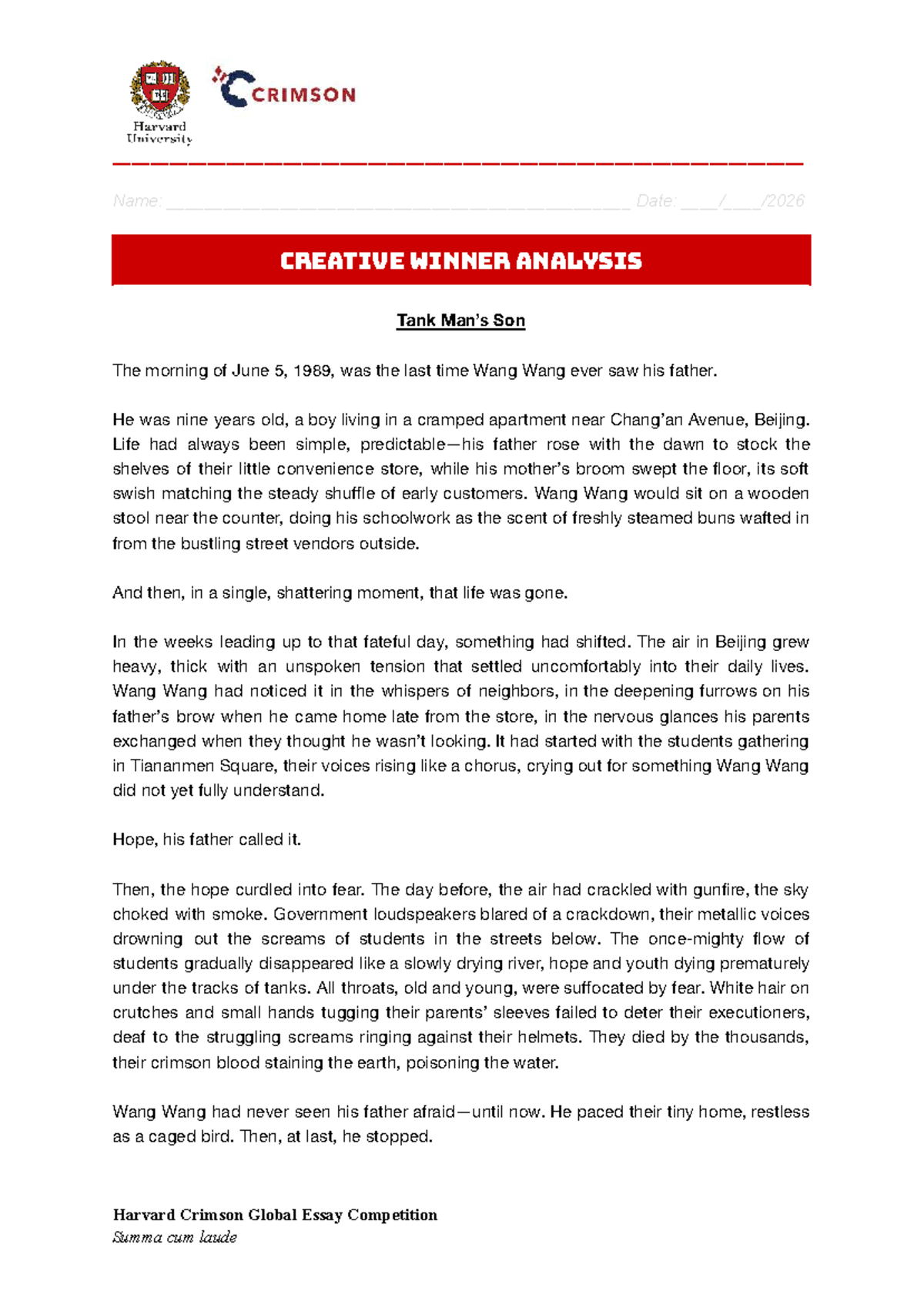 Creative Winner Analysis: Harvard Crimson Global Essay Competition 2025 ...