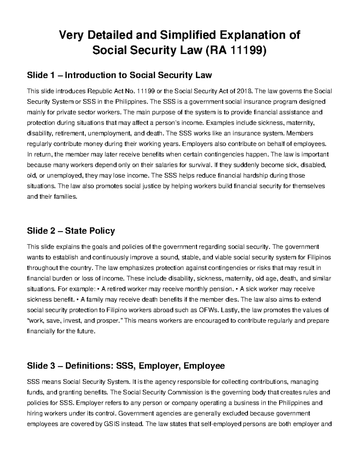 Detailed Overview of Social Security Law (RA 2018) - Studocu