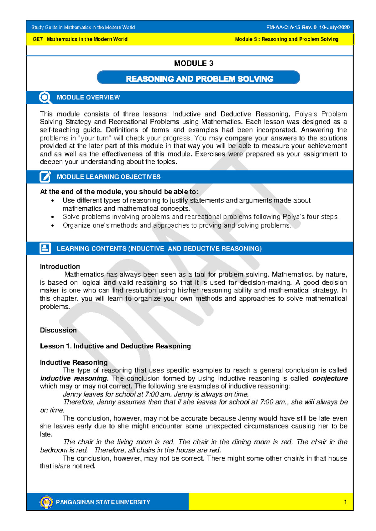GE7 Mathematics in the Modern World: Module 3 Study Guide on Reasoning ...