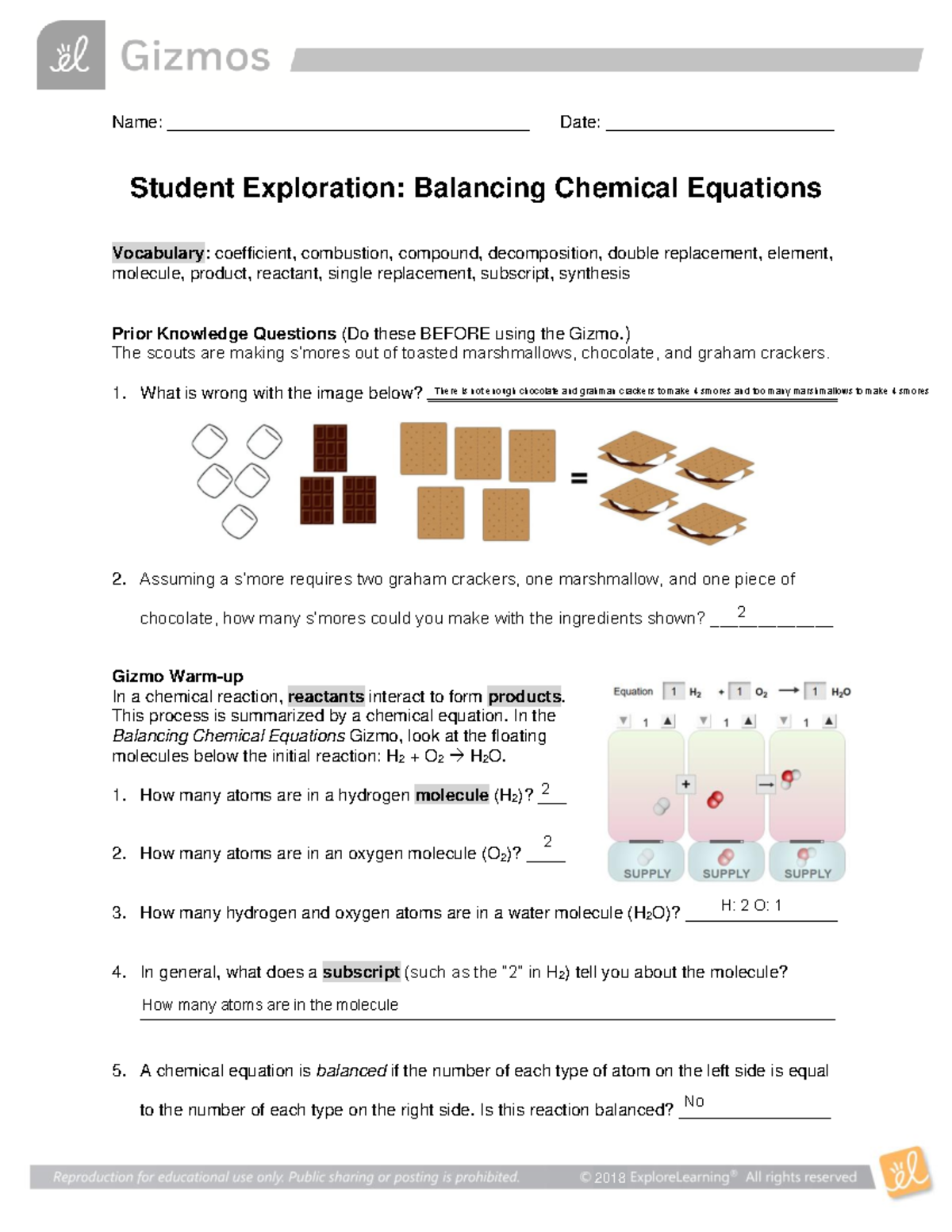Balancing Chemical Equations: Student Exploration SE (2018) - Studocu