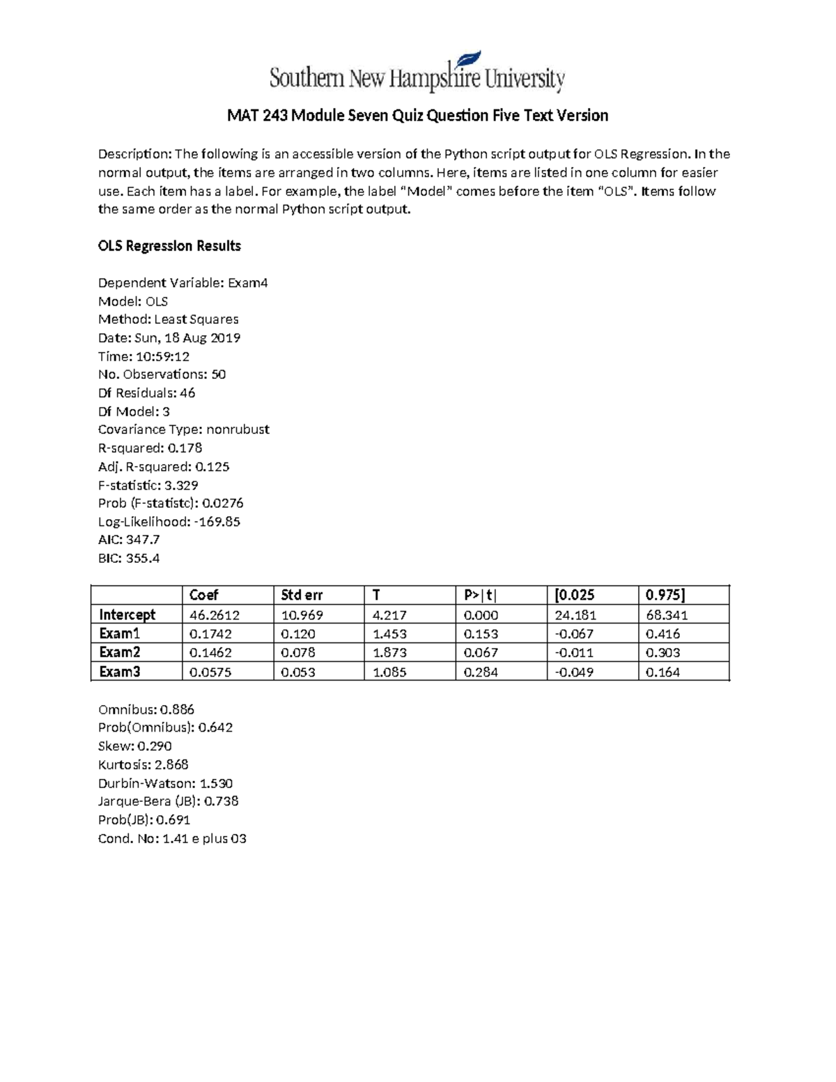MAT 243 Module 7 Quiz Q5: OLS Regression Output Analysis - Studocu