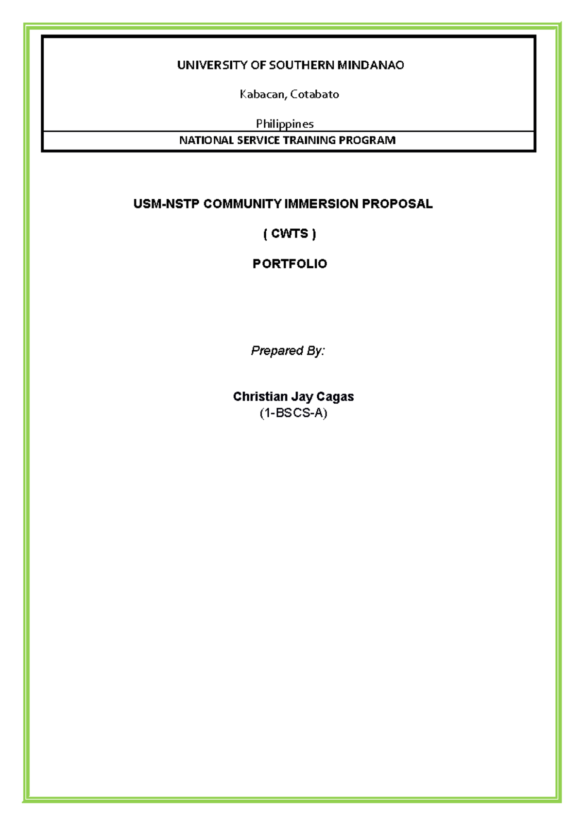 Doc 5 CWTS Portfolio template - USM-NSTP COMMUNITY IMMERSION PROPOSAL ...