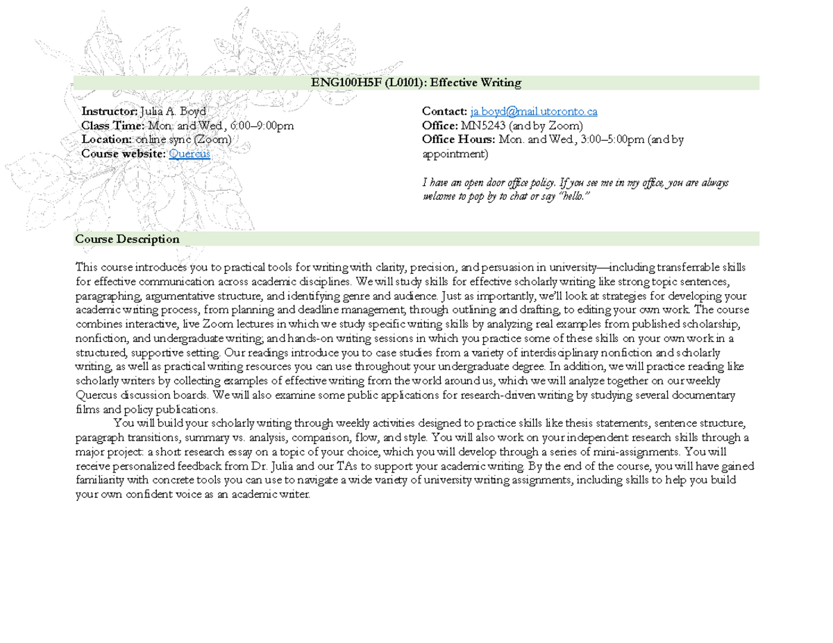 ENG100 - Effective Writing Course Overview and Syllabus - Studocu