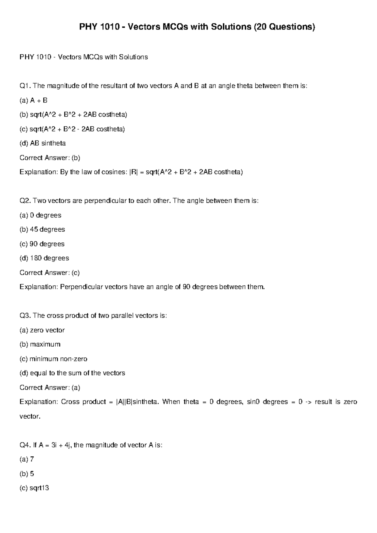 PHY 1010 Vectors MCQs with Detailed Solutions (20 Questions) - Studocu