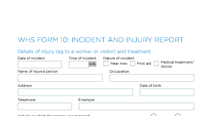 WHS FORM 10: Incident & Injury Report Details - Studocu