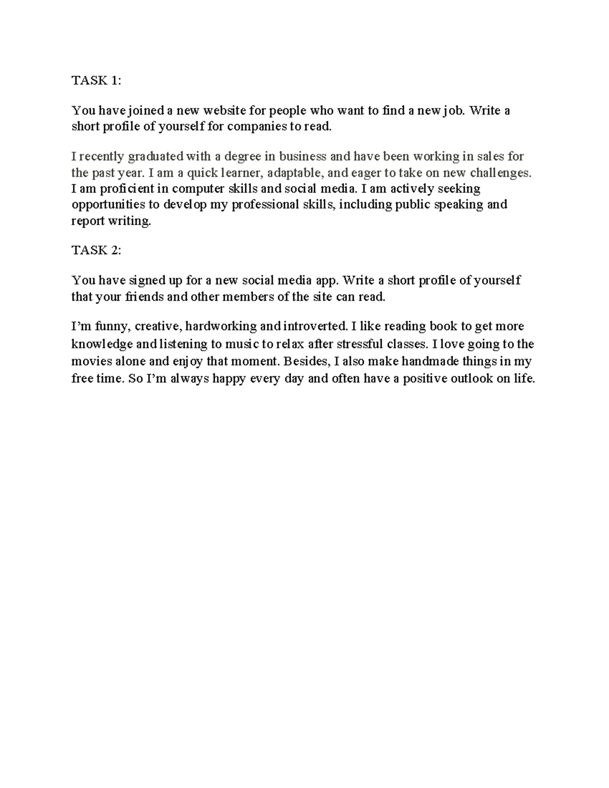 Personal Profile Writing for Job and Social Media Profiles - Studocu