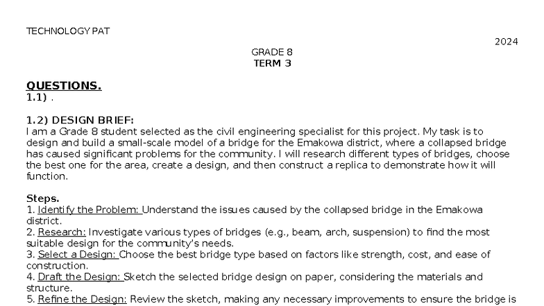Gr. 8 Tech PAT Term 3 2024: Bridge Design Project Overview - Studocu