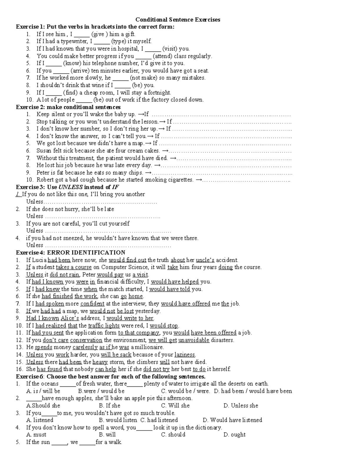 Conditional Sentences Exercises (Short Version) - Studocu
