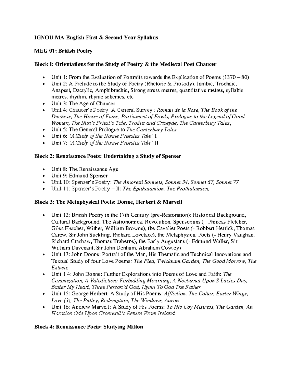 IGNOU MA English Syllabus: Detailed Course Breakdown and Units - Studocu