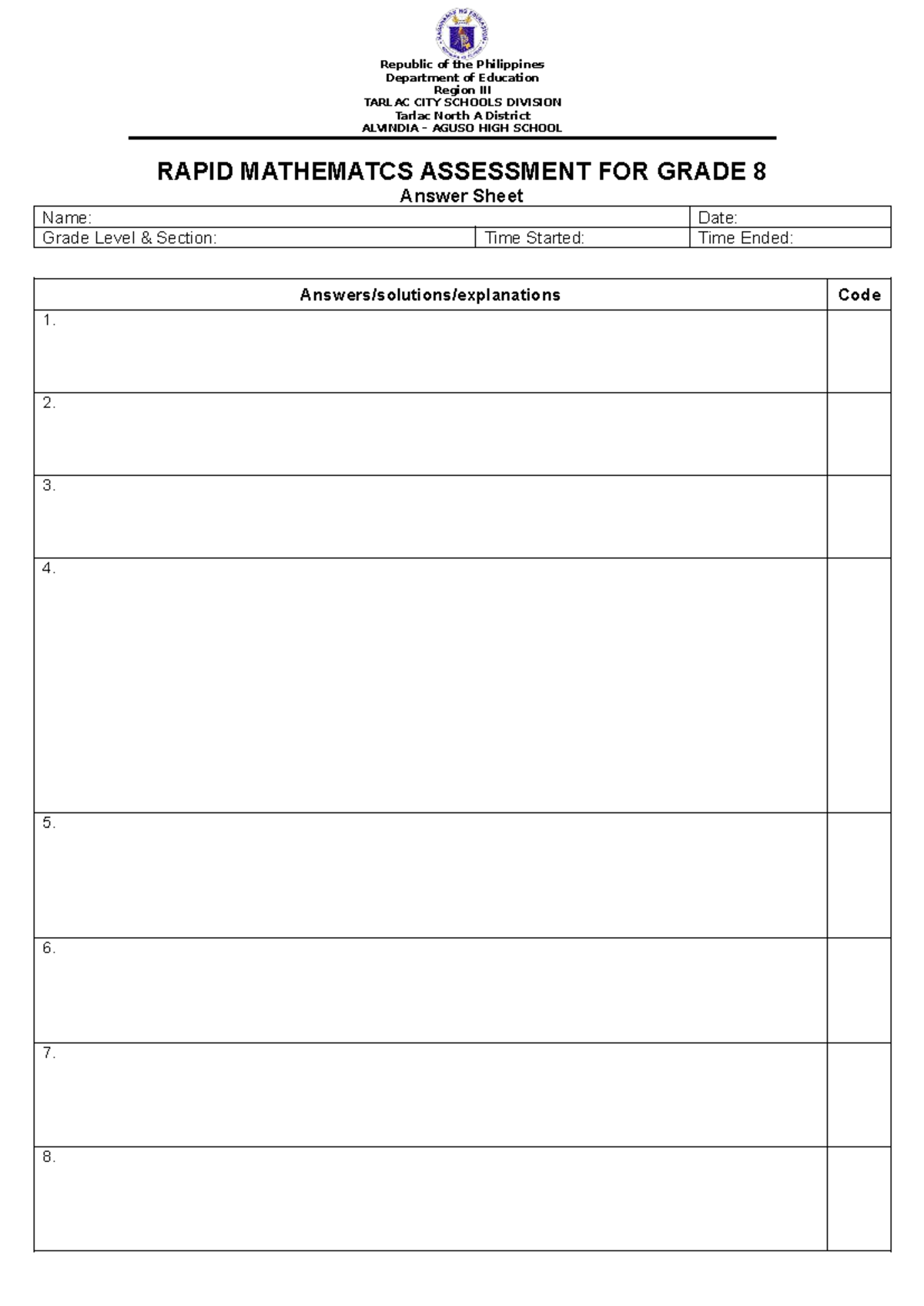 RMA Answer Sheet for Grade 8 - Philippines Education System - Studocu