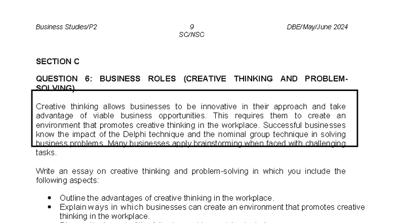 Business 9 2024: Creative Thinking & Problem Solving Essay - Studocu