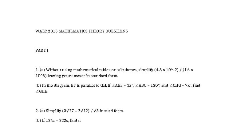 WAEC 2015 Mathematics Theory Questions Part I & II - Studocu