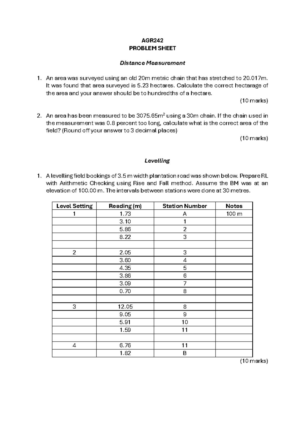 AGR242 Problem Sheet: Distance Measurement & Levelling Techniques - Studocu