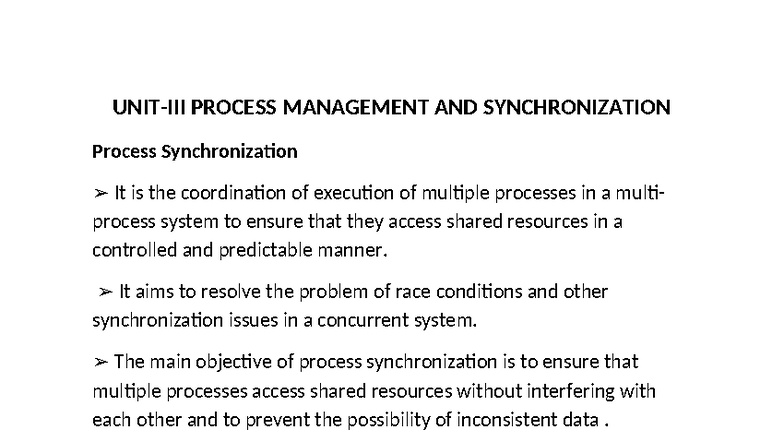 OS UNIT 3: Process Management & Synchronization Notes - Studocu
