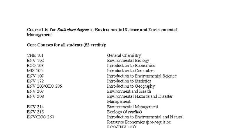 BS in Environmental Science & Management Course List (130 Credits ...