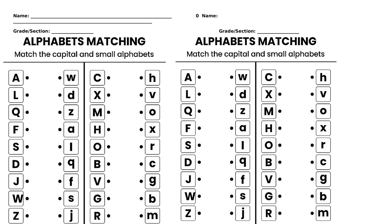 Alphabets Matching Activity - Values Education - Name: 0 Name ...