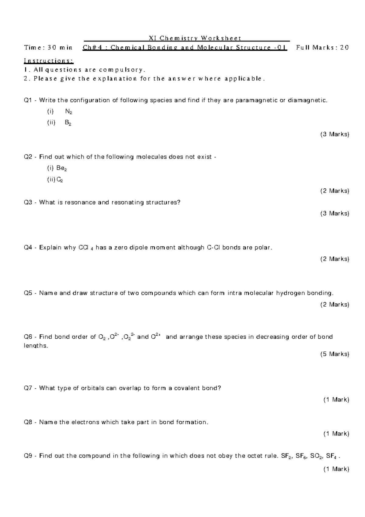 CBSE XI Chemistry Worksheet: Chemical Bonding & Molecular Structure ...