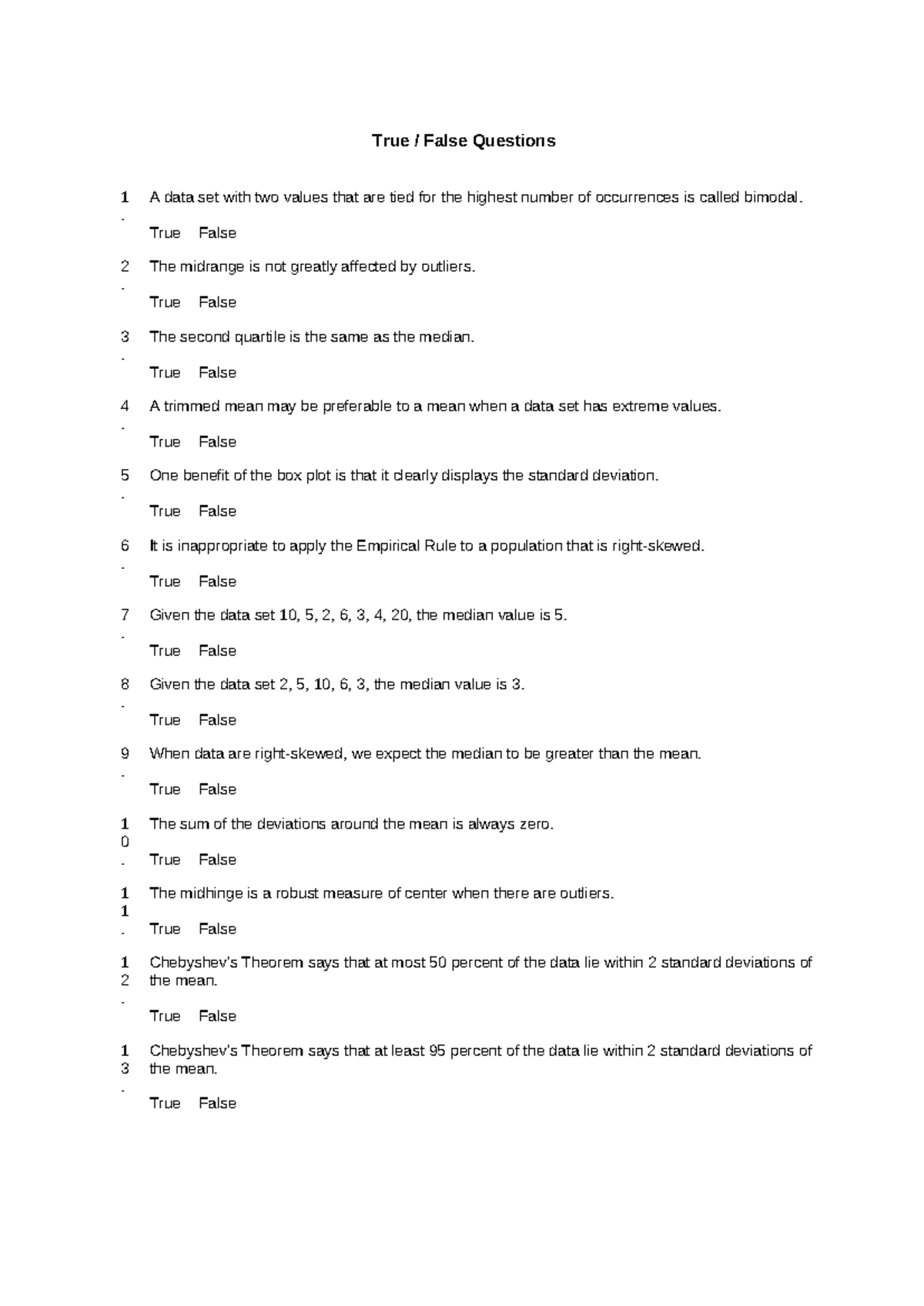 Chapter 4 SB - True/False & Multiple Choice Questions on Statistics ...