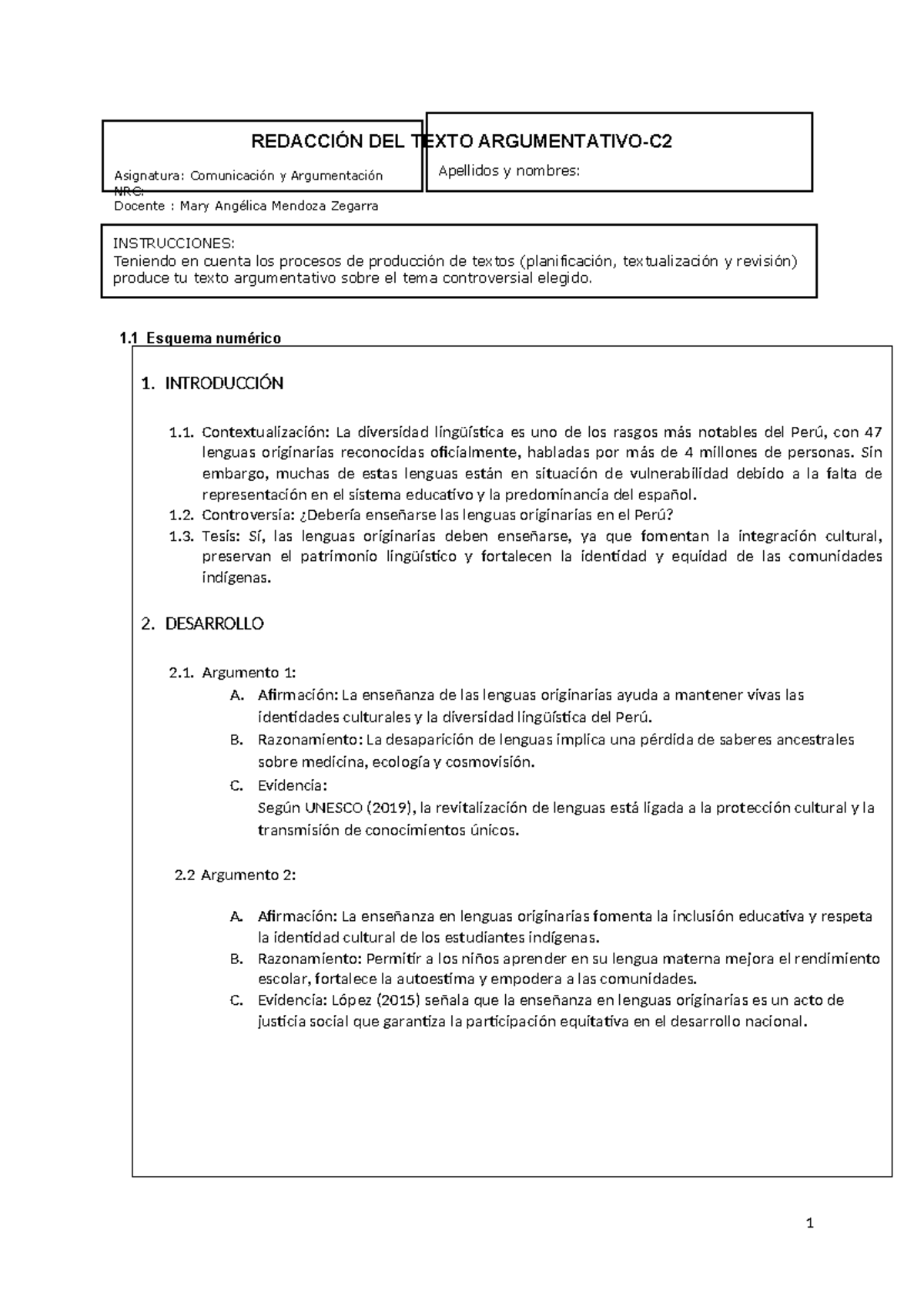 Texto Argumentativo: Enseñanza de Lenguas Originarias - Comunicación y ...