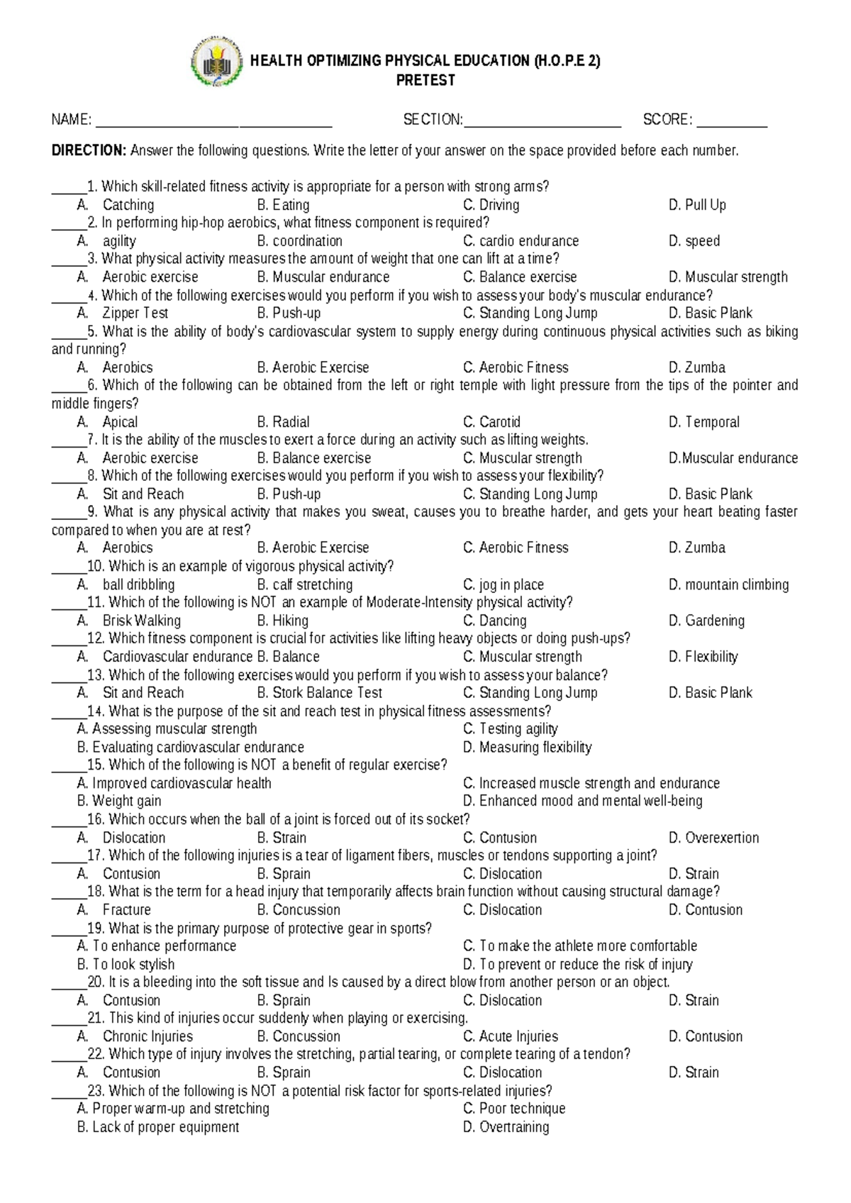 H.O.P.E 2 PE & Health Pretest: Fitness Concepts & Injury Awareness ...