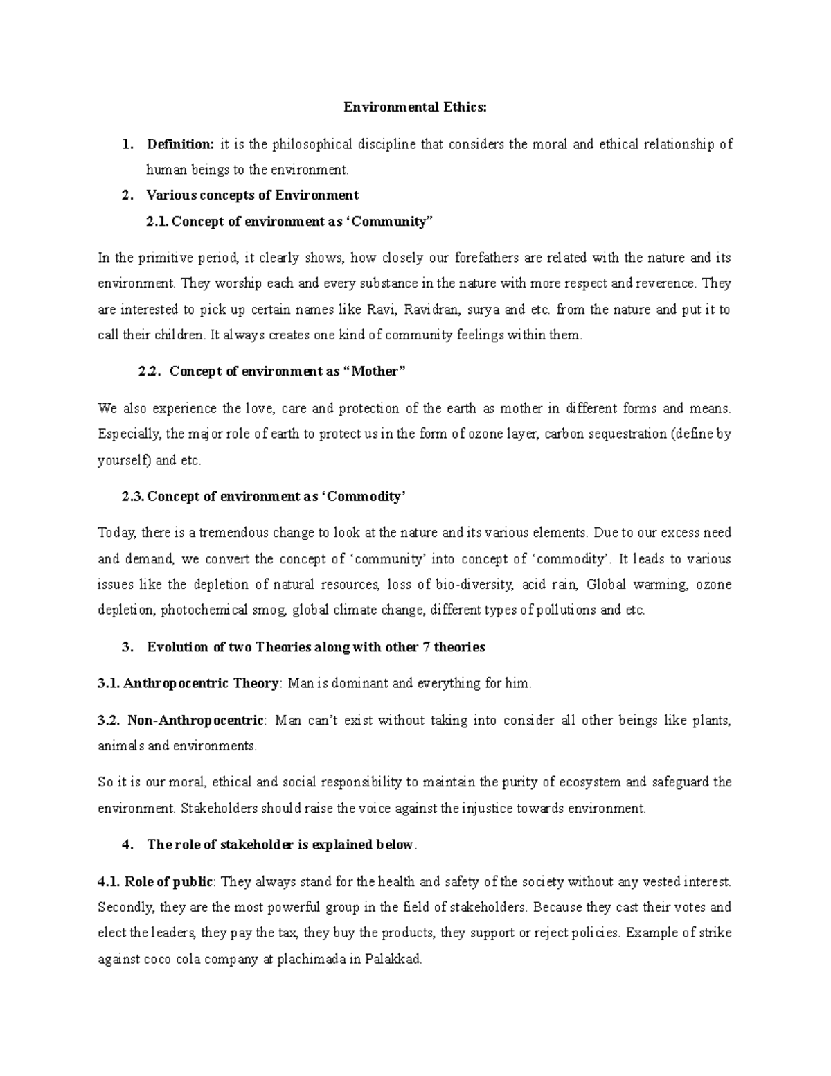 ENV 201: Environmental Ethics - Comprehensive Study Notes - Studocu