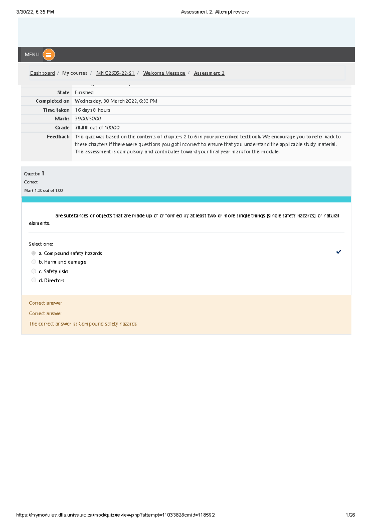 MNO2605 Assessment 2 Attempt Review and Feedback Summary - Studocu