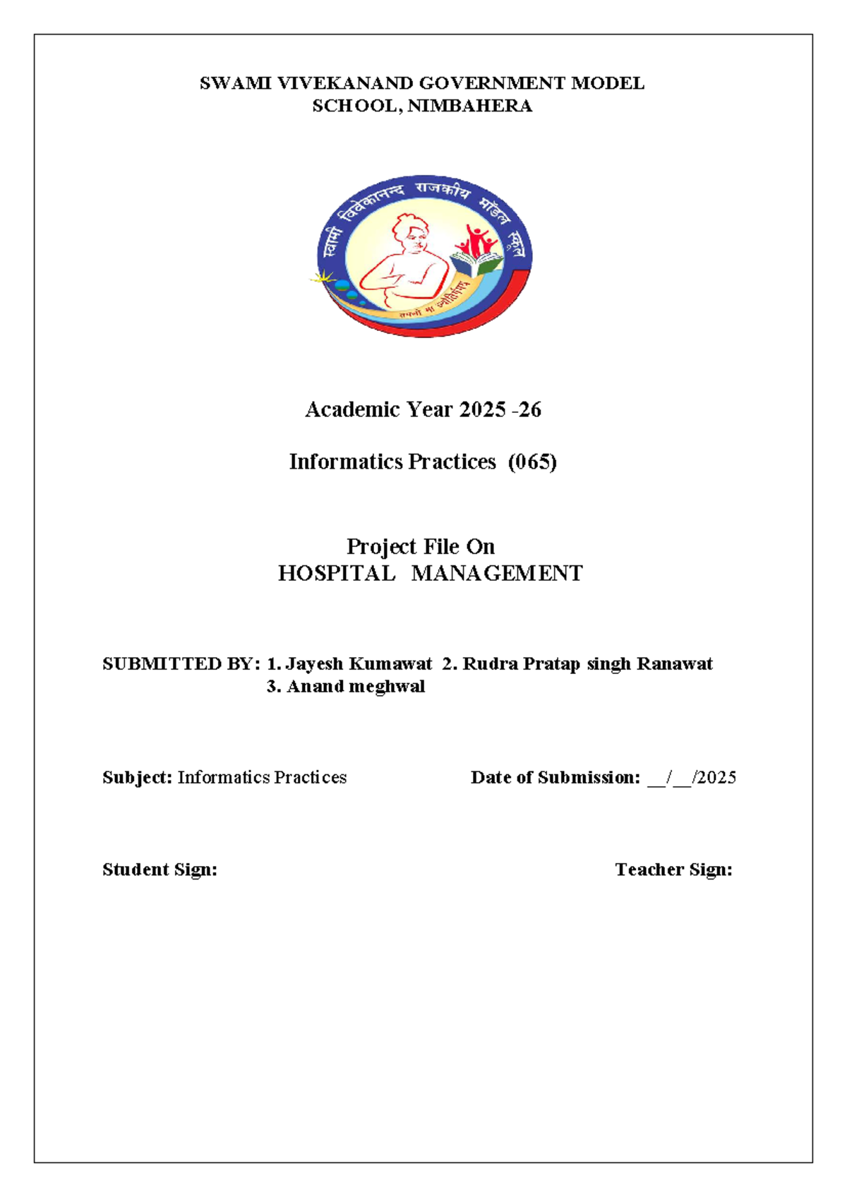 Informatics Practices (065) Project File: Hospital Management System ...